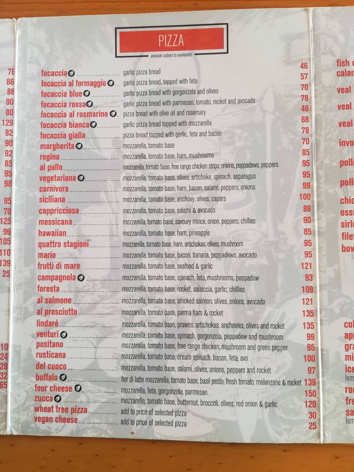 Menu at Caffe Mario Knysna restaurant, Knysna