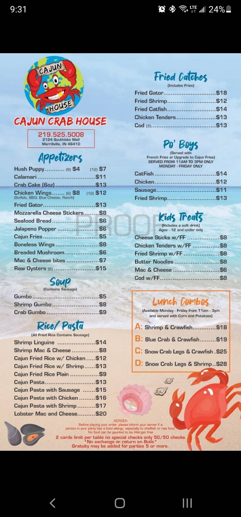Menu at Cajun Crab House restaurant, Merrillville
