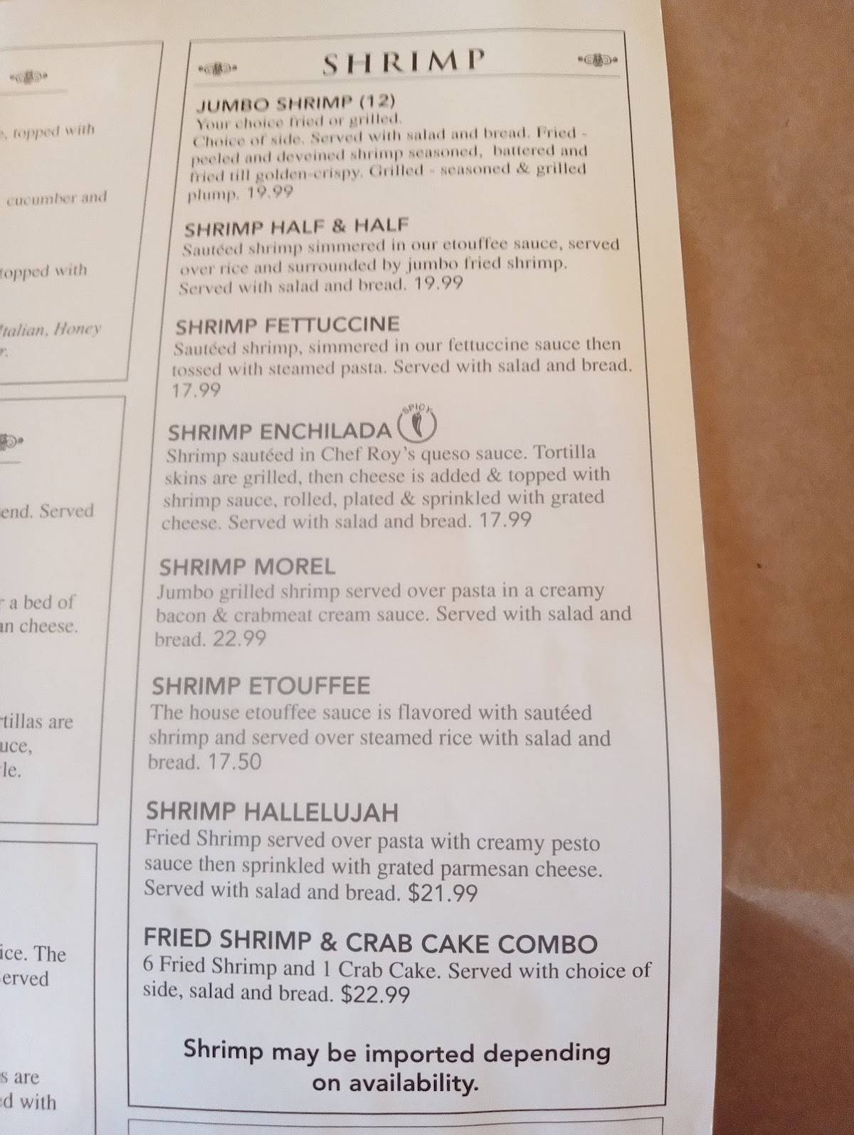 Menu at Chef Roy's Frog City Cafe, Rayne