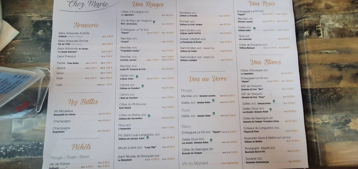 Menu au Restaurant Chez Marie, Grand-Vabre, Le Bourg
