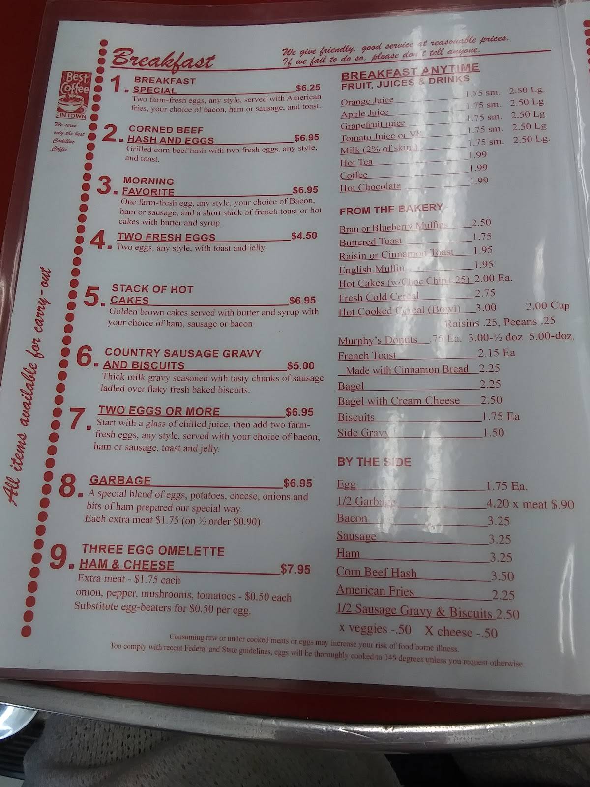 Menu at Cindy's Diner restaurant, Fort Wayne