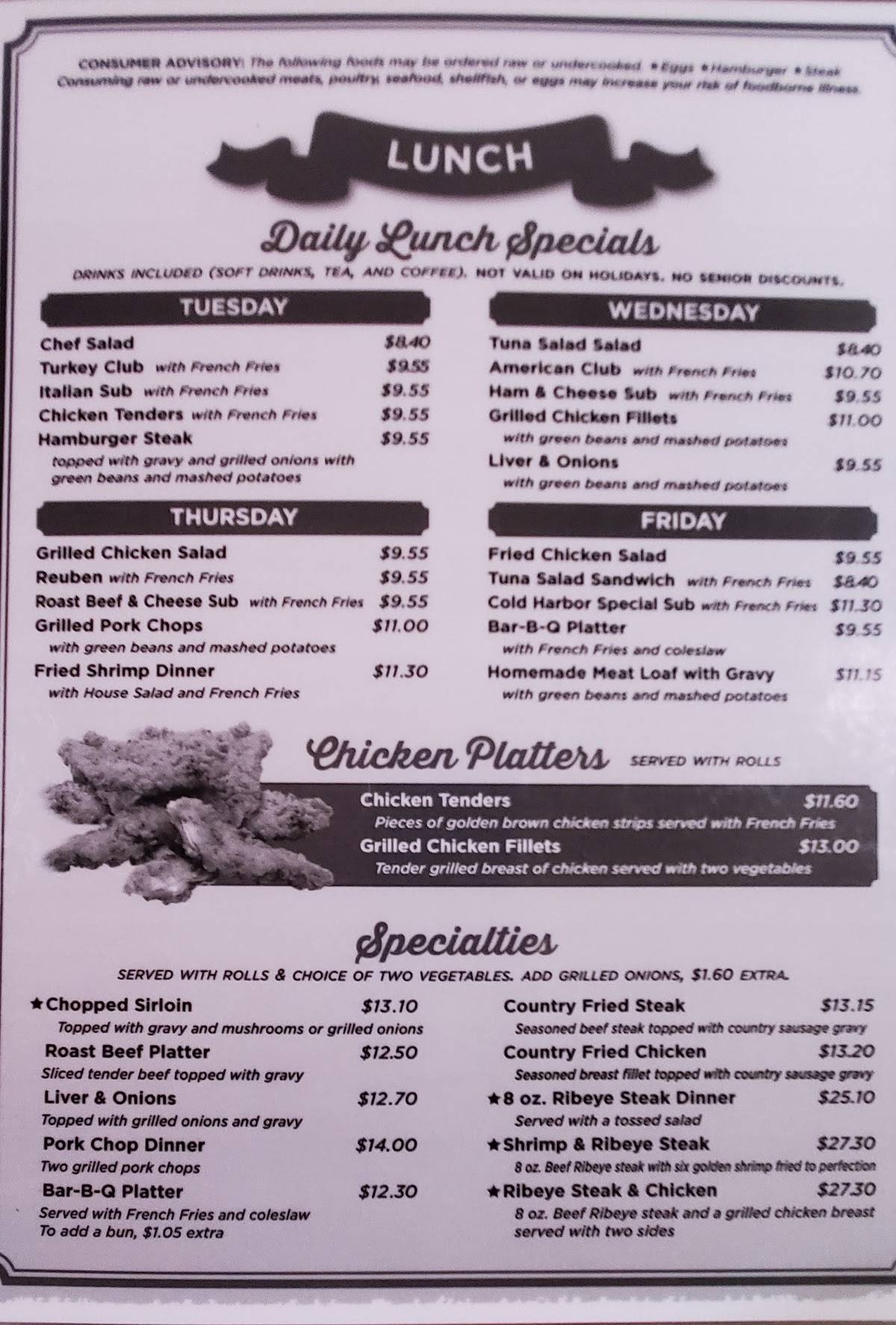 Menu at Cold Harbor Restaurant, Mechanicsville