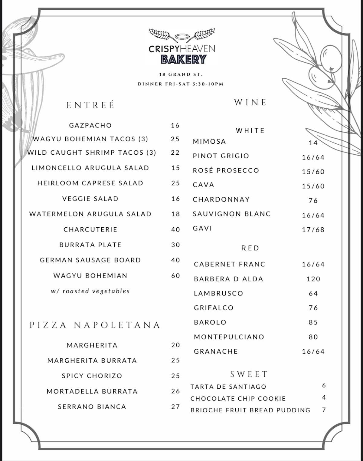Menu at Crispy Heaven bakery and restaurant, New York City