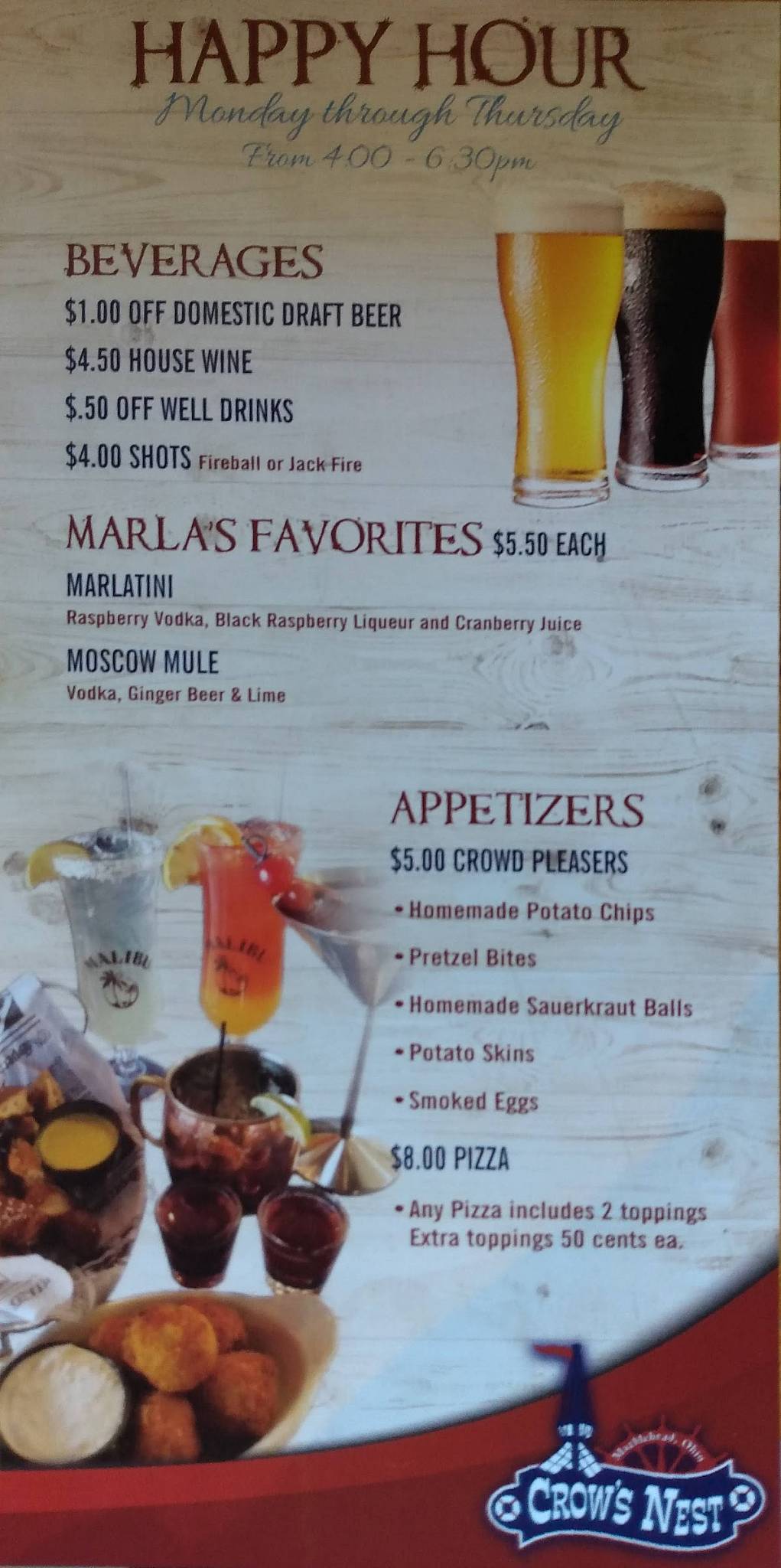 Menu at Crow's Nest restaurant, Lakeside Marblehead