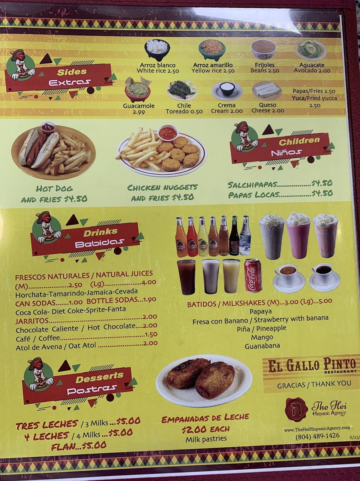 Carta del restaurante El Gallo Pinto Costa Rica, Richmond