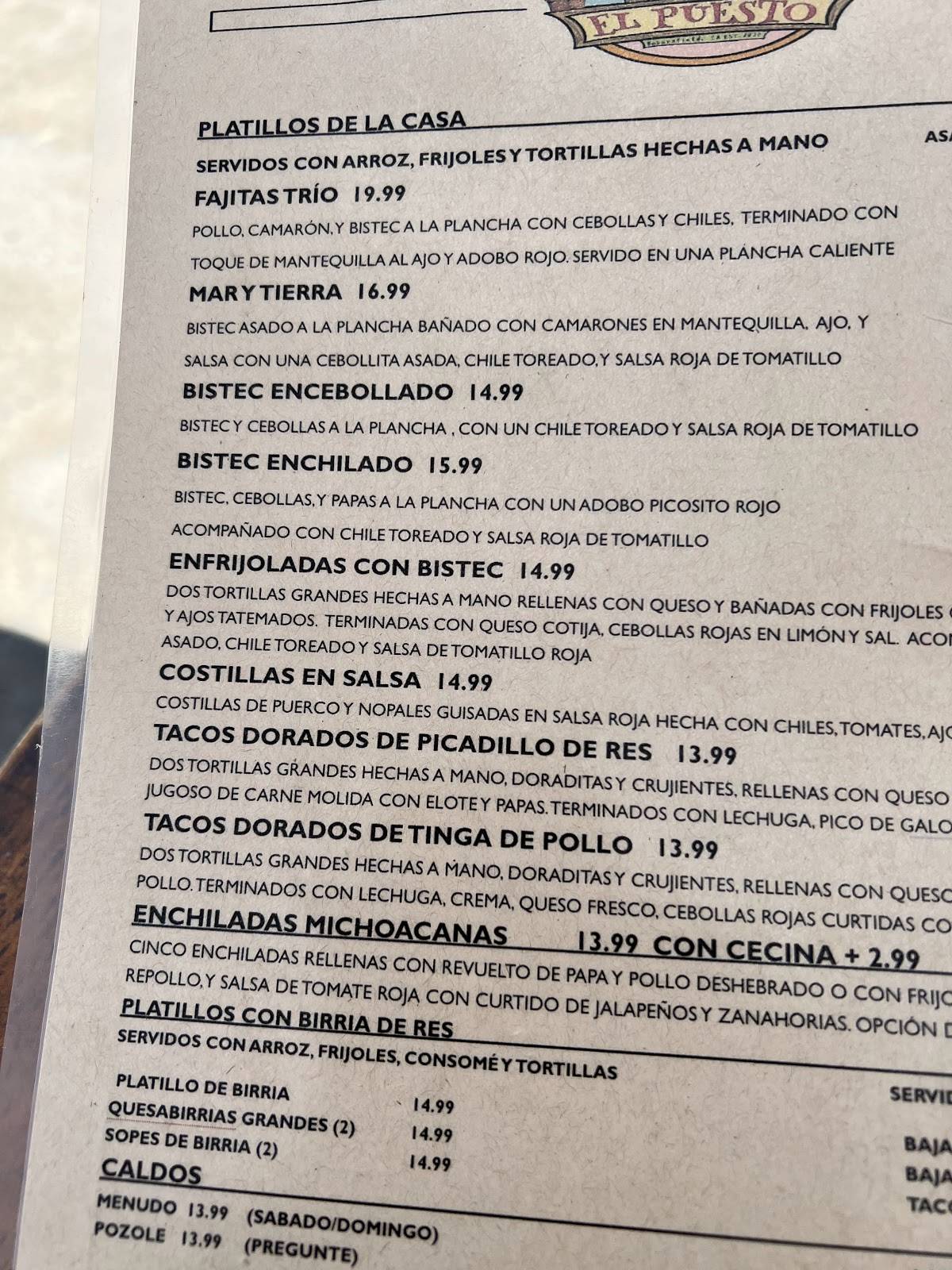 Menu at El Puesto restaurant, Bakersfield, E Brundage Ln