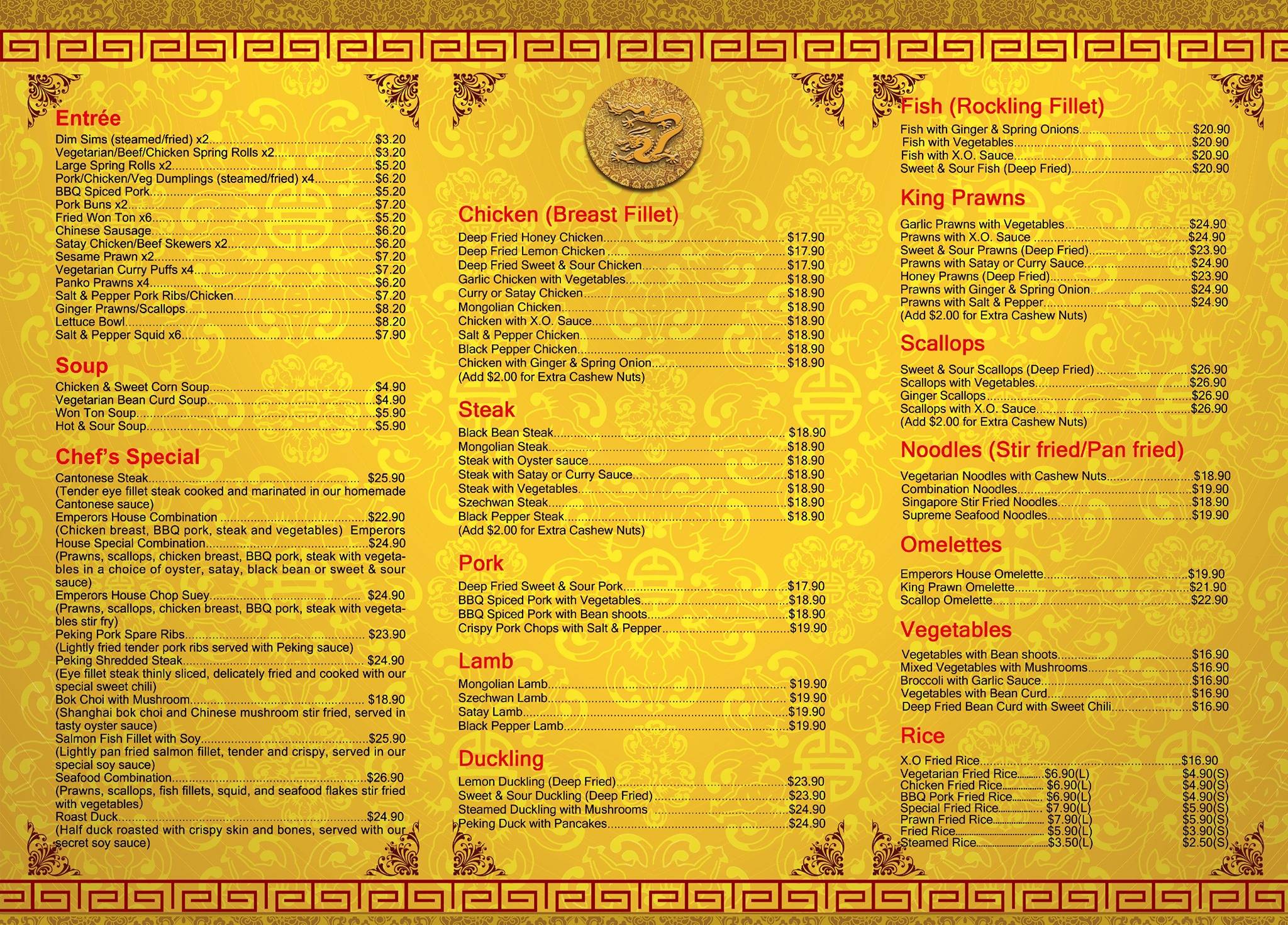 Menu at Emperors House restaurant, Warrnambool