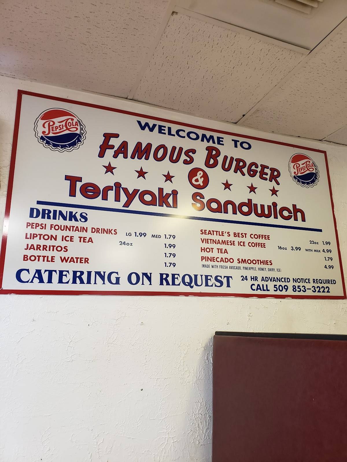 Menu at Famous Burger & Teriyaki Sandwich restaurant, Yakima