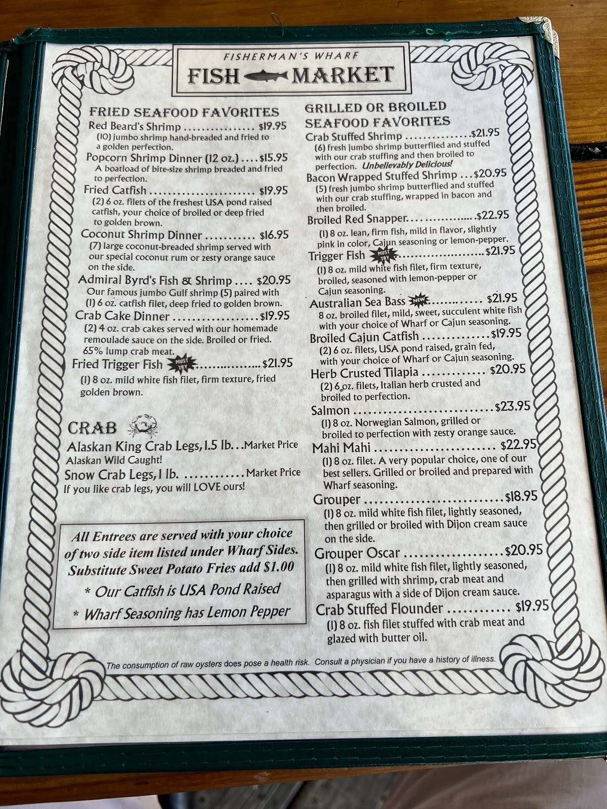 Menu at Fisherman's Wharf Steak & Seafood restaurant, Lake Hamilton