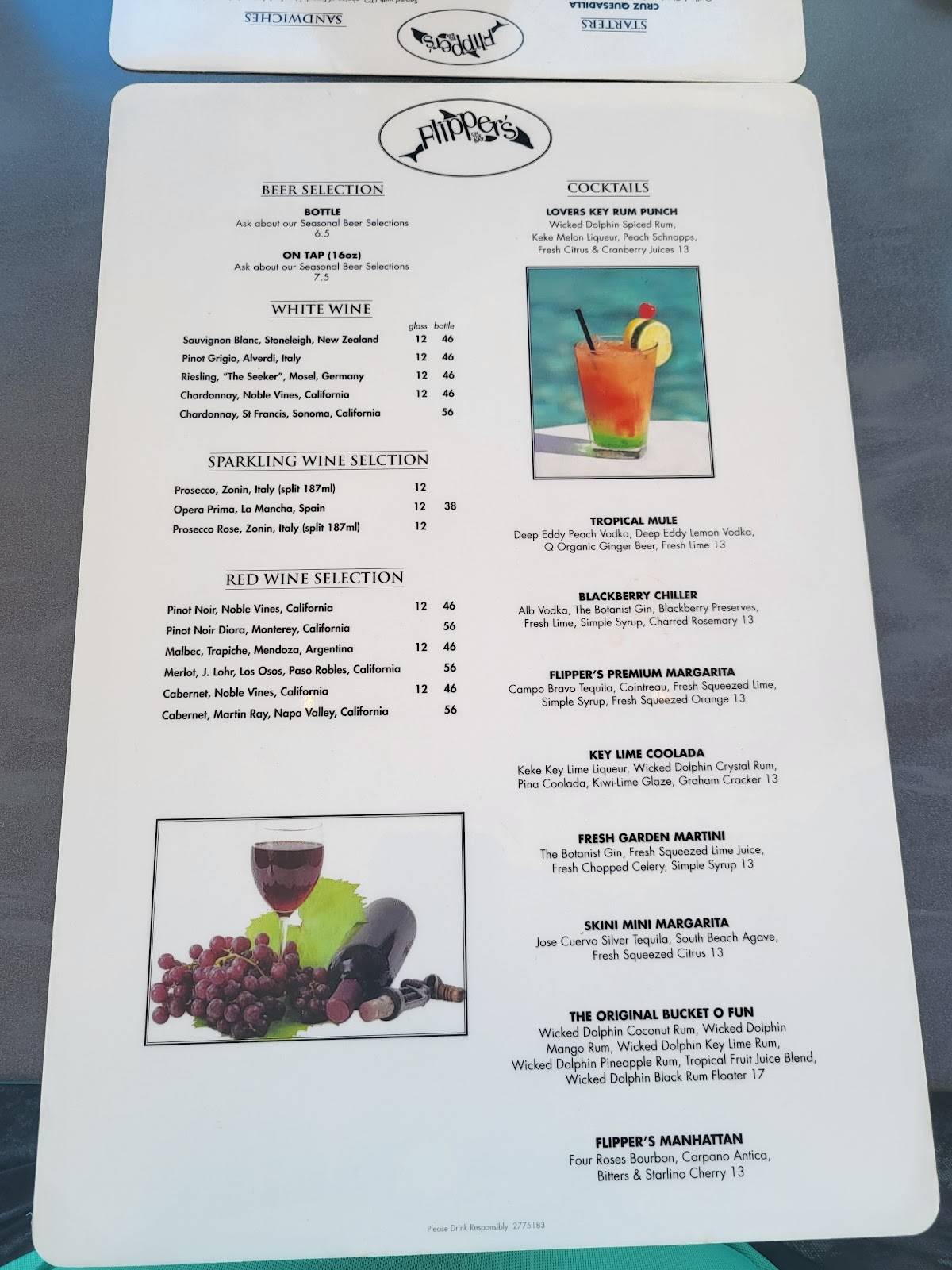 Menu at Flippers restaurant, Fort Myers Beach