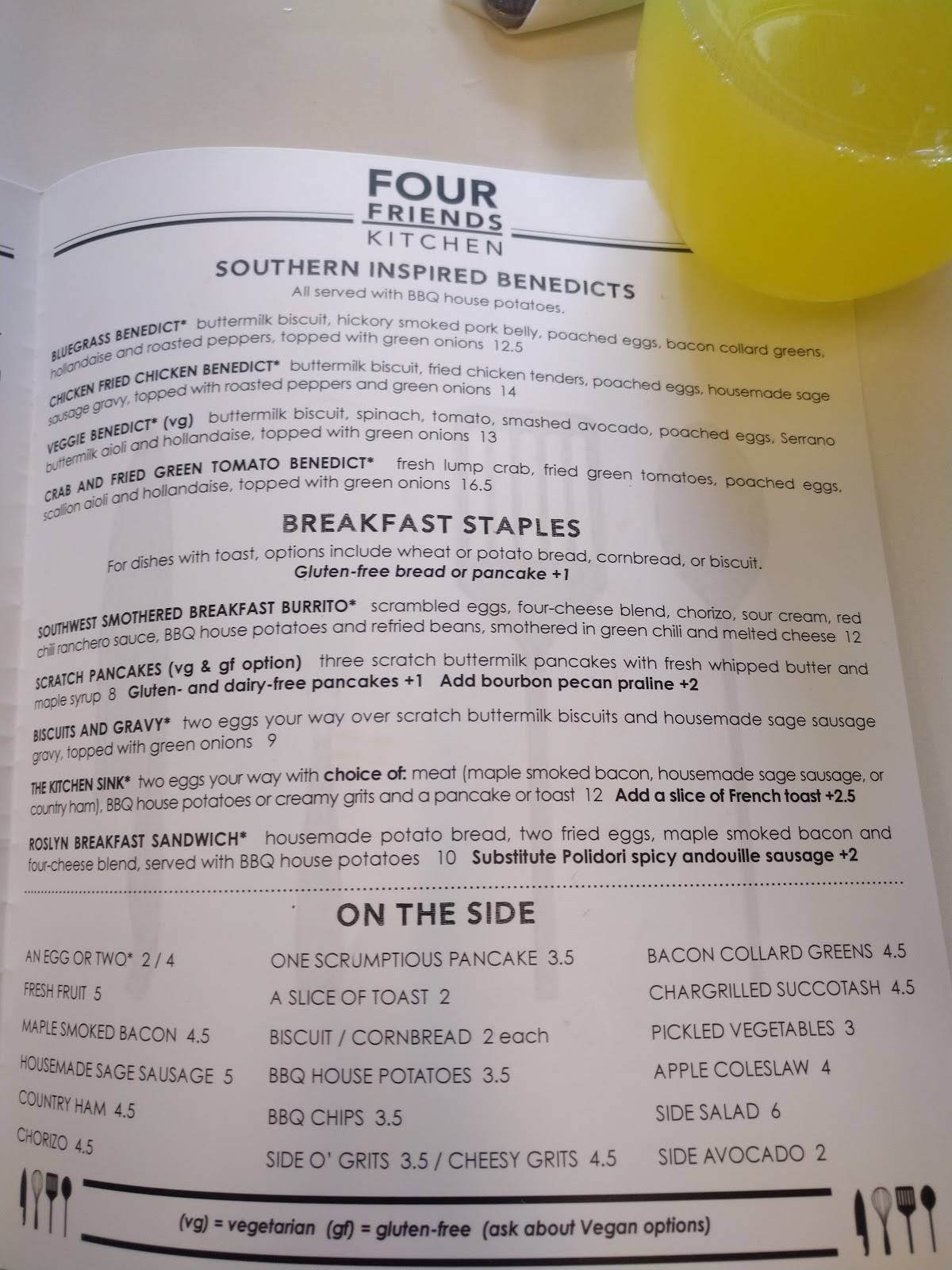 Menu at Four Friends Kitchen restaurant, Denver, Roslyn St