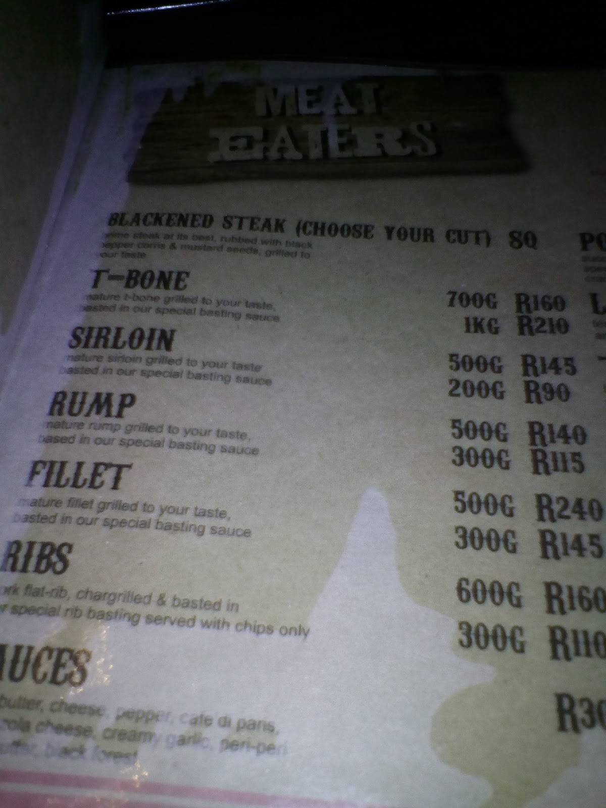 Menu at Franco’s restaurant, Vanderbijlpark, Frikkie Meyer Blvd