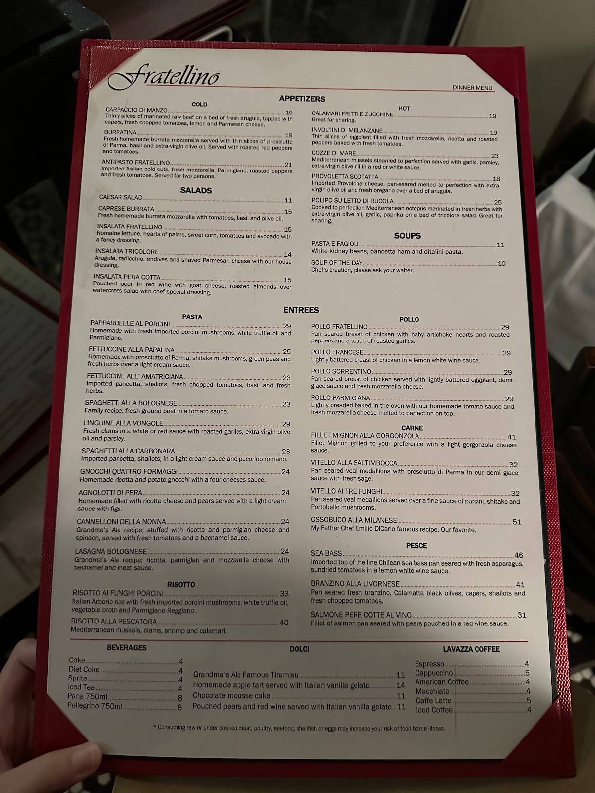Menu at Fratellino Ristorante restaurant, Coral Gables