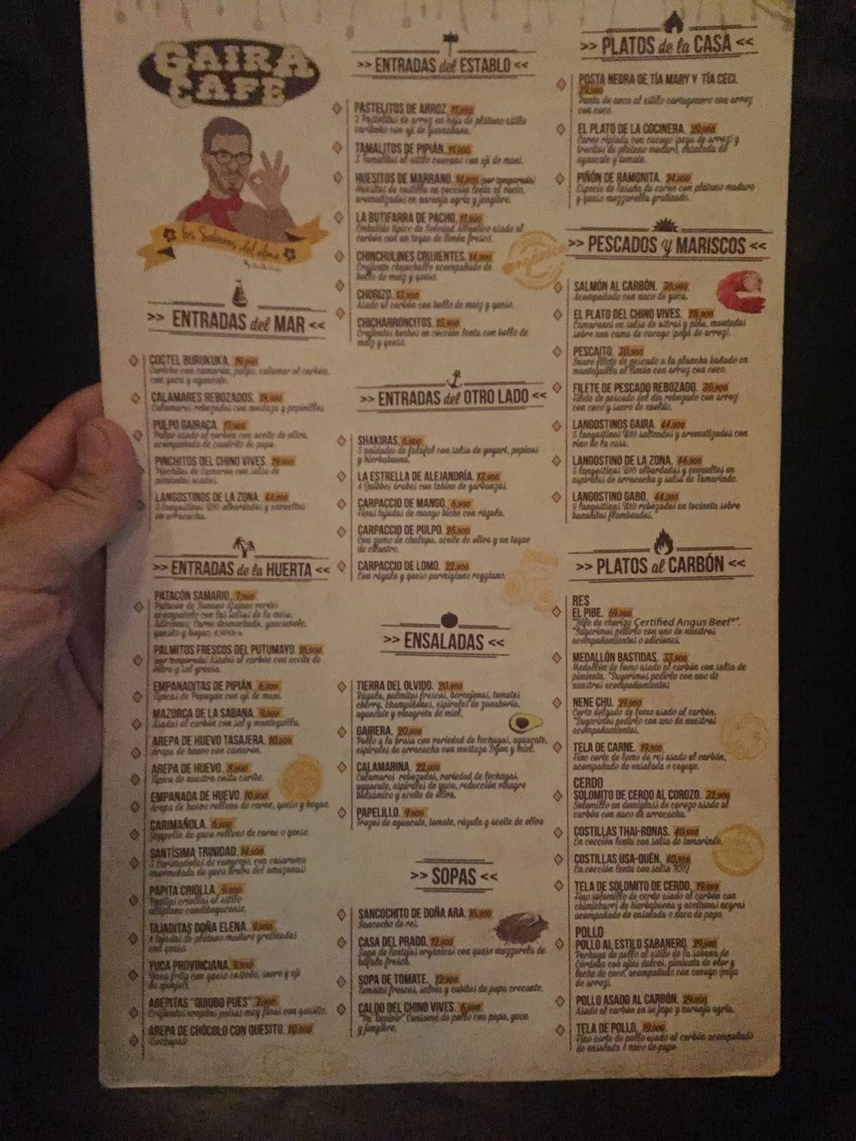 Menu at Gaira Café Cumbia House, Bogotá