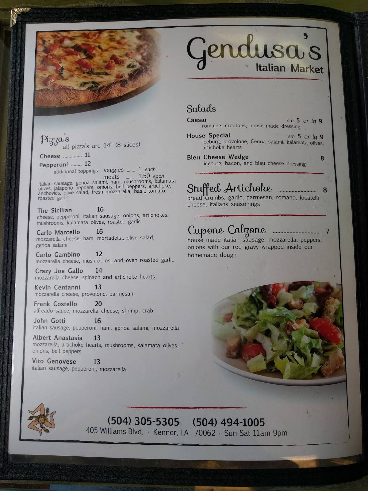 Menu at Gendusa's Italian Eatery pizzeria, Kenner