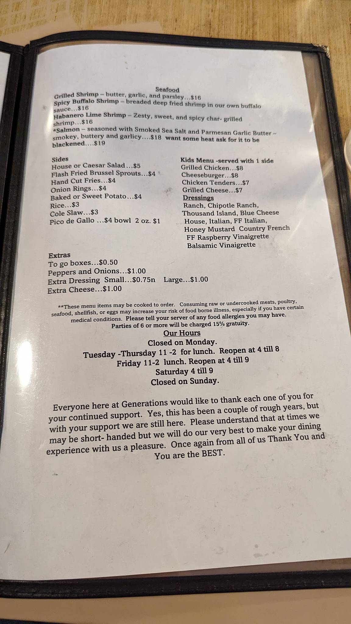 Menu at Generations Casual Dining restaurant, Jonesville