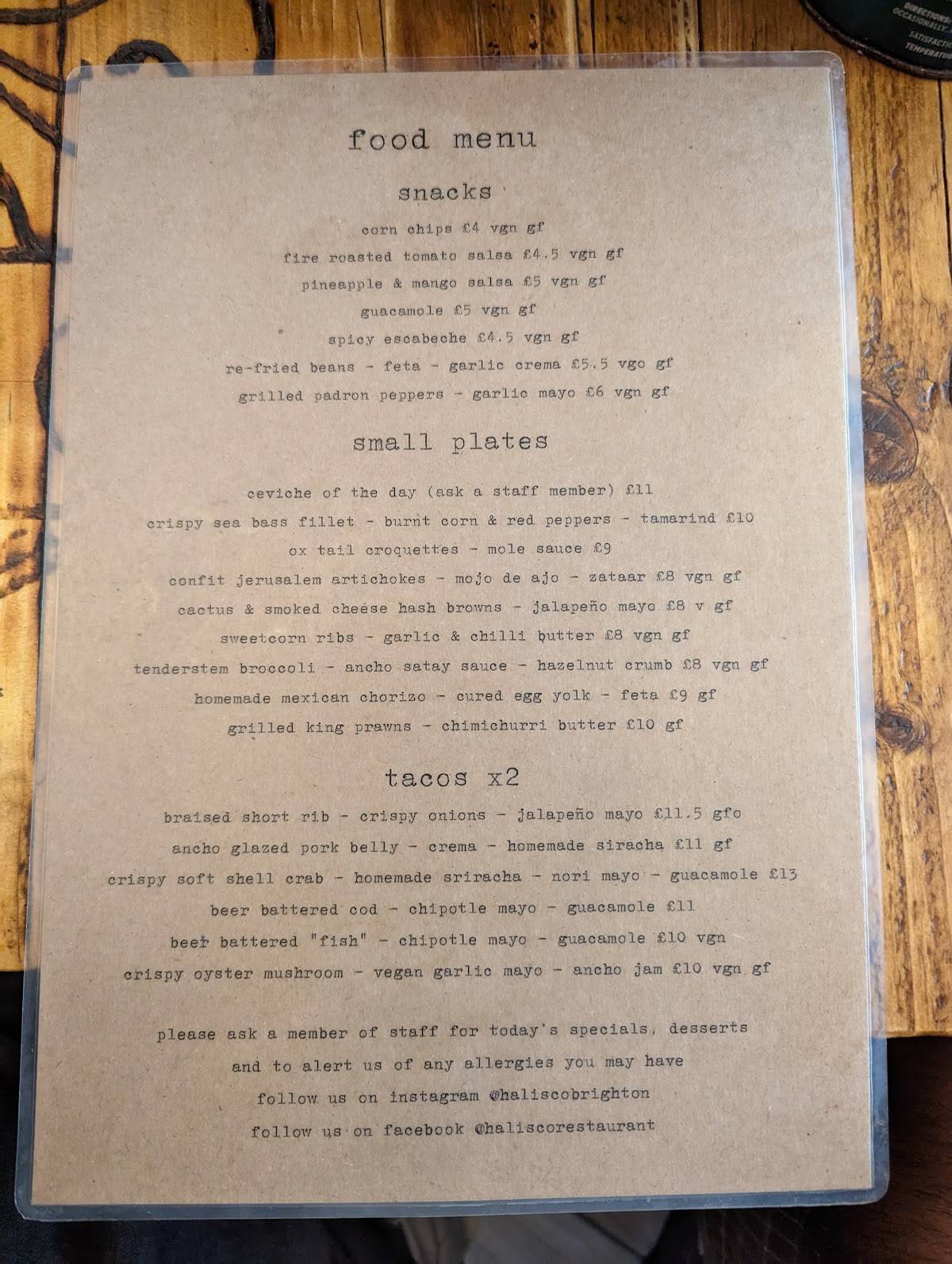 Menu at Halisco restaurant, Brighton