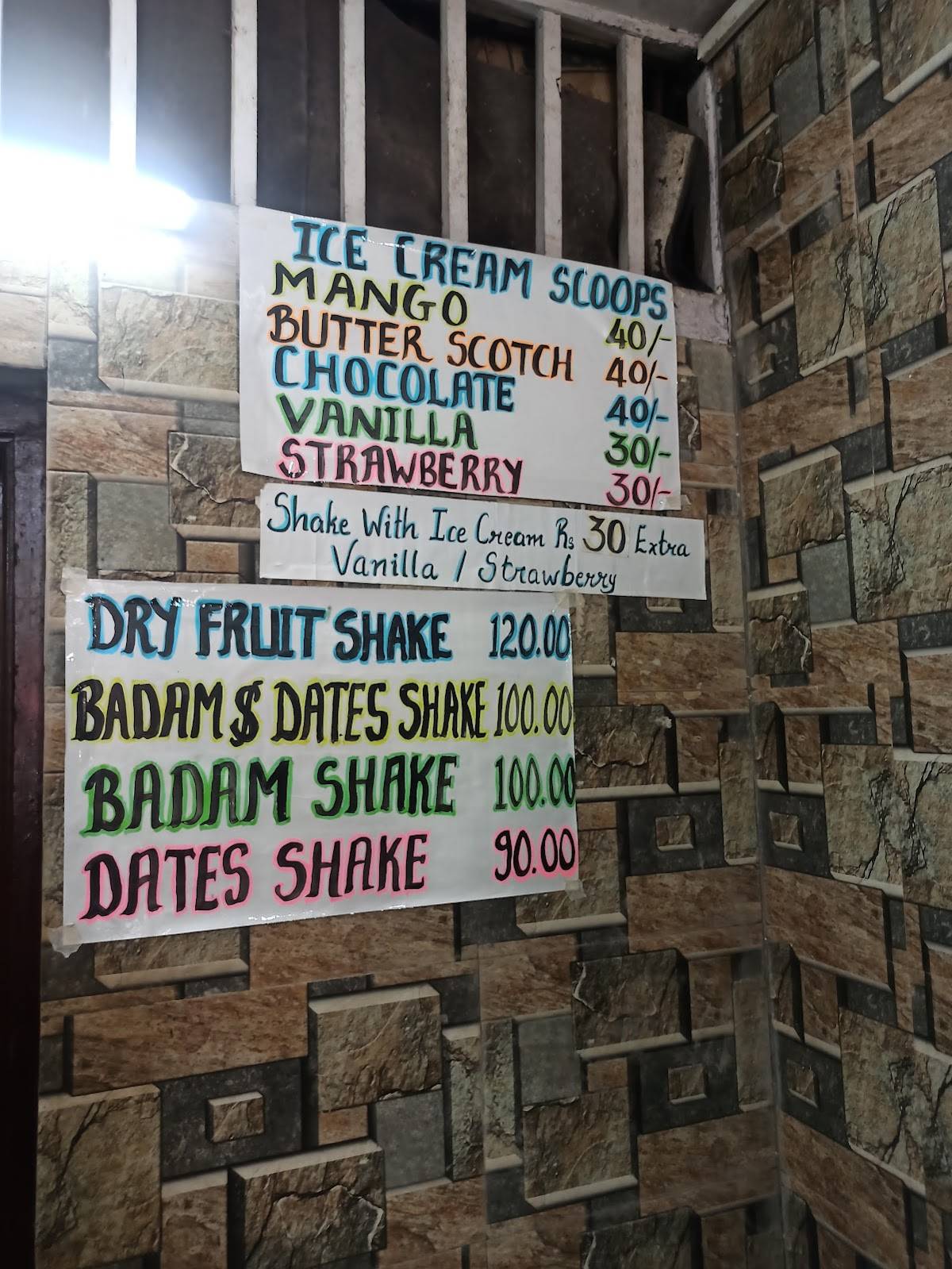Menu at Hanuman Cold Drink House, Panaji