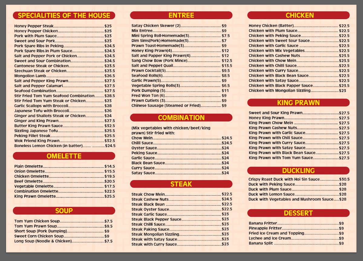 Menu at Happy Village Chinese Restaurant NEW Department, Barooga
