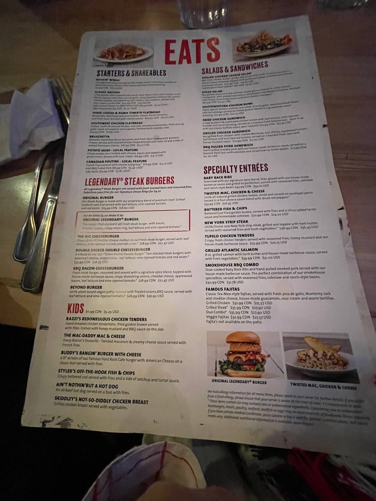 Menu at Hard Rock Cafe, Niagara Falls, Falls Ave