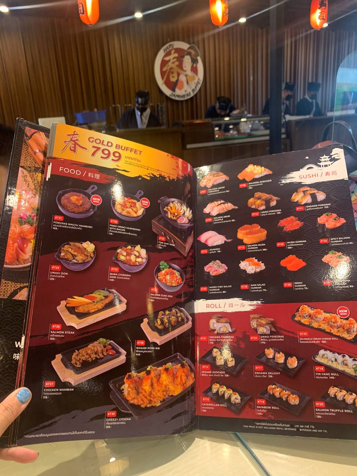 Menu at Haru Japanese buffet restaurant, Pattaya City