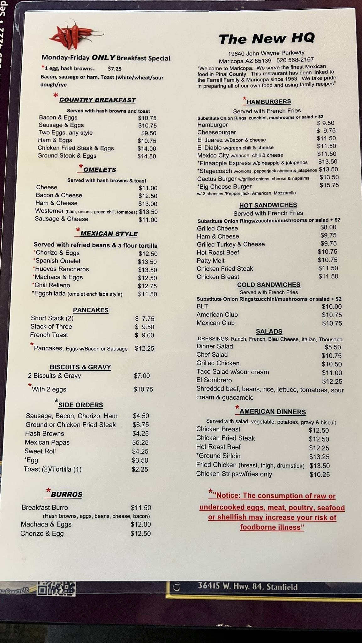 Menu at Headquarters Cafe, Maricopa, N Maricopa Rd