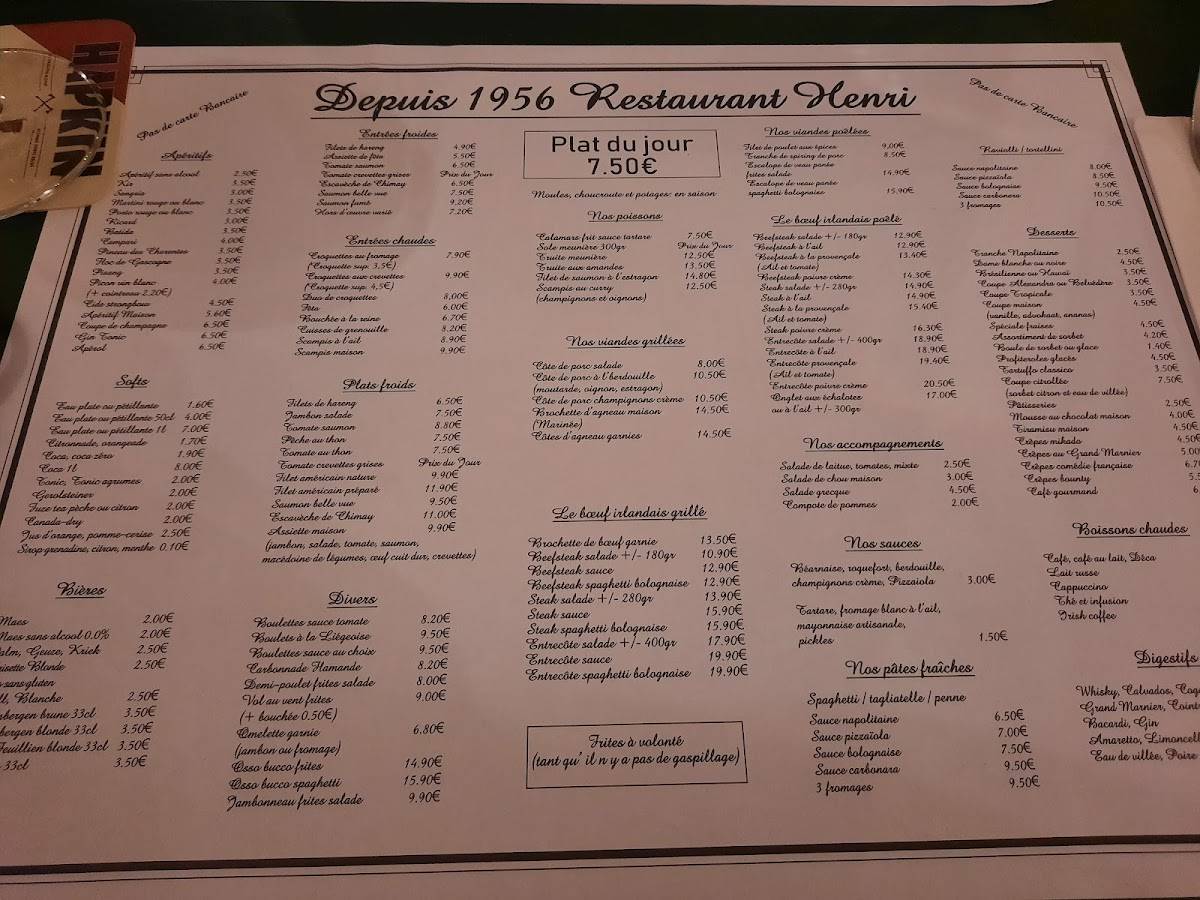 Menu at Restaurant Henri, Mons