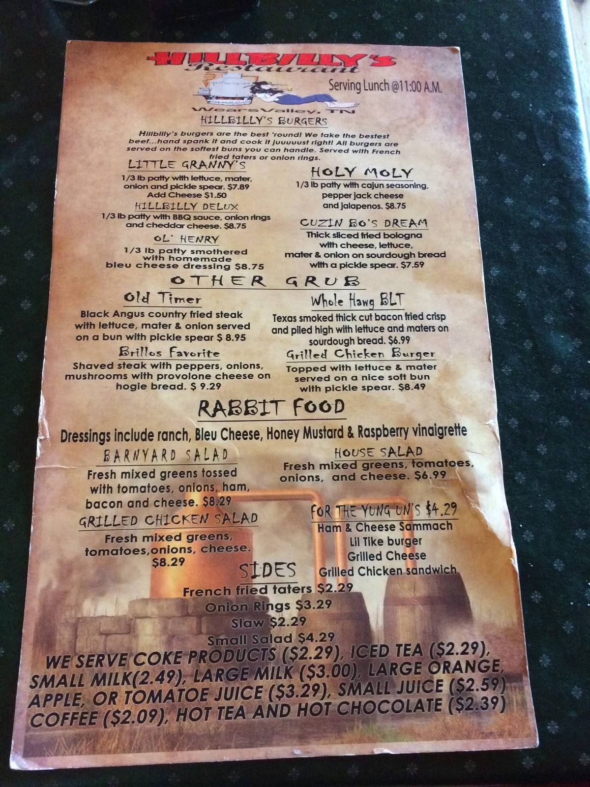 Menu at Hillbilly's Restaurant, Pigeon Forge, Wears Valley Rd