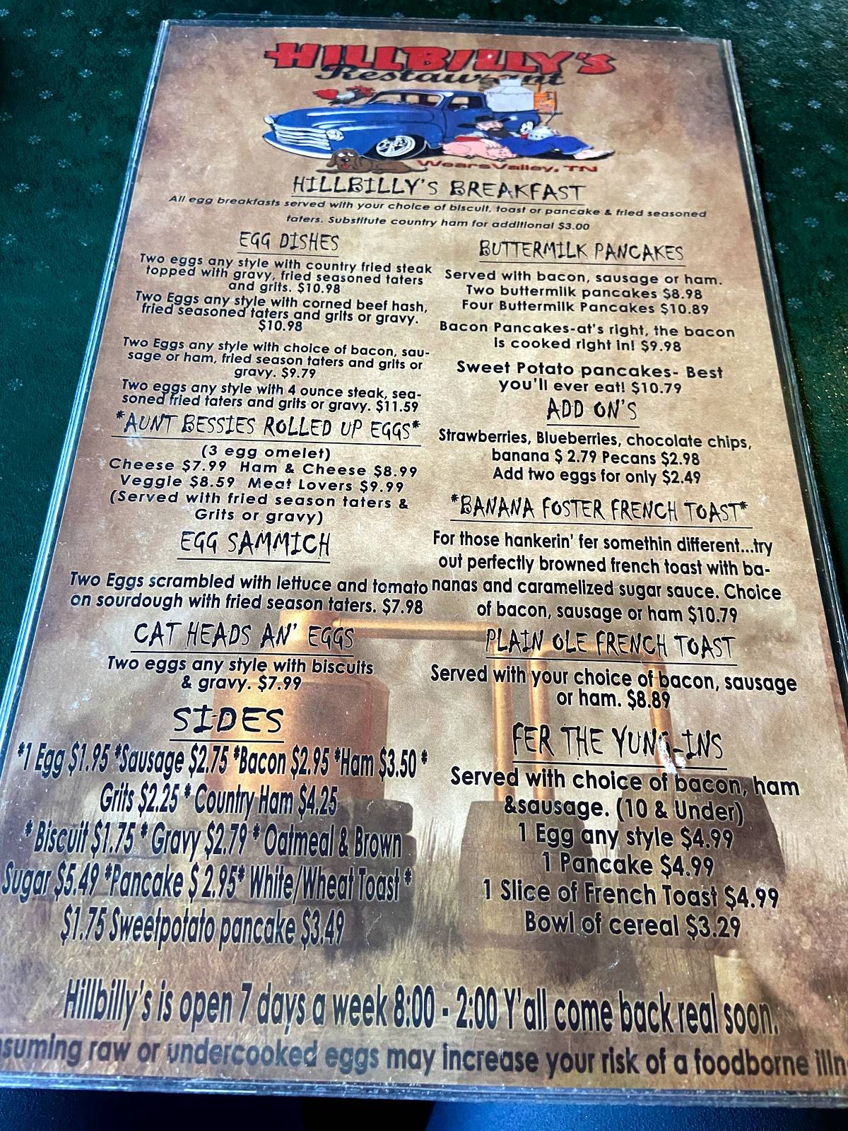 Menu at Hillbilly's Restaurant, Pigeon Forge, Wears Valley Rd
