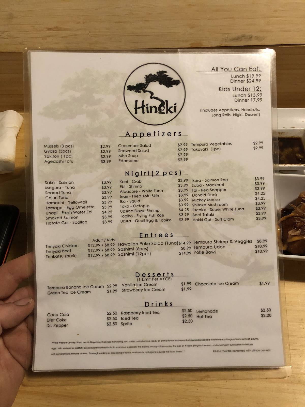 Menu at Hinoki Sushi restaurant, Reno