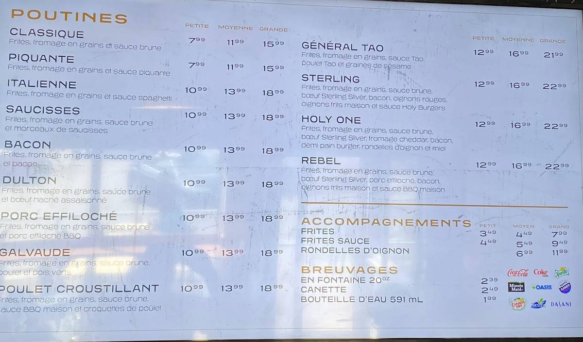 Menu au Holy Burgers restaurant, Québec