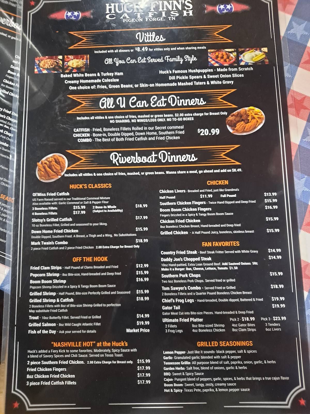 Menu at Huck Finn's Catfish restaurant, Pigeon Forge