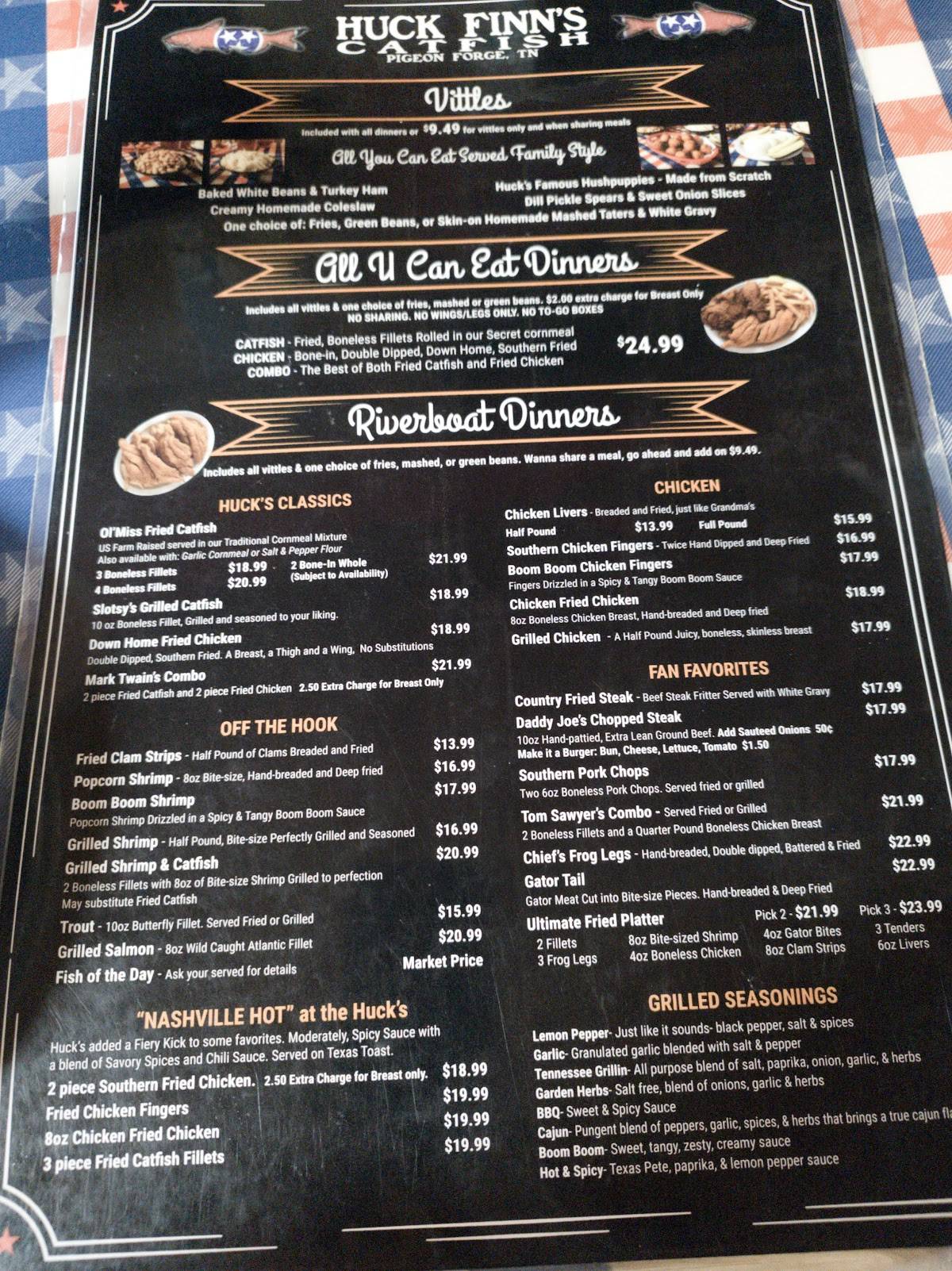 Menu at Huck Finn's Catfish restaurant, Pigeon Forge