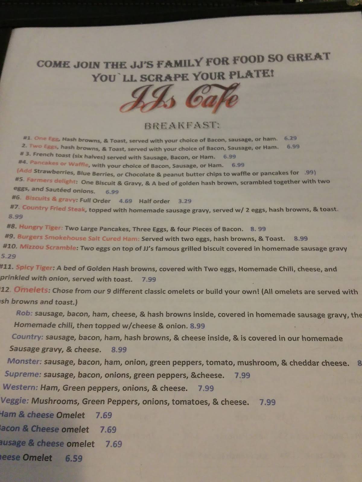 Menu at JJ's Cafe, Centralia