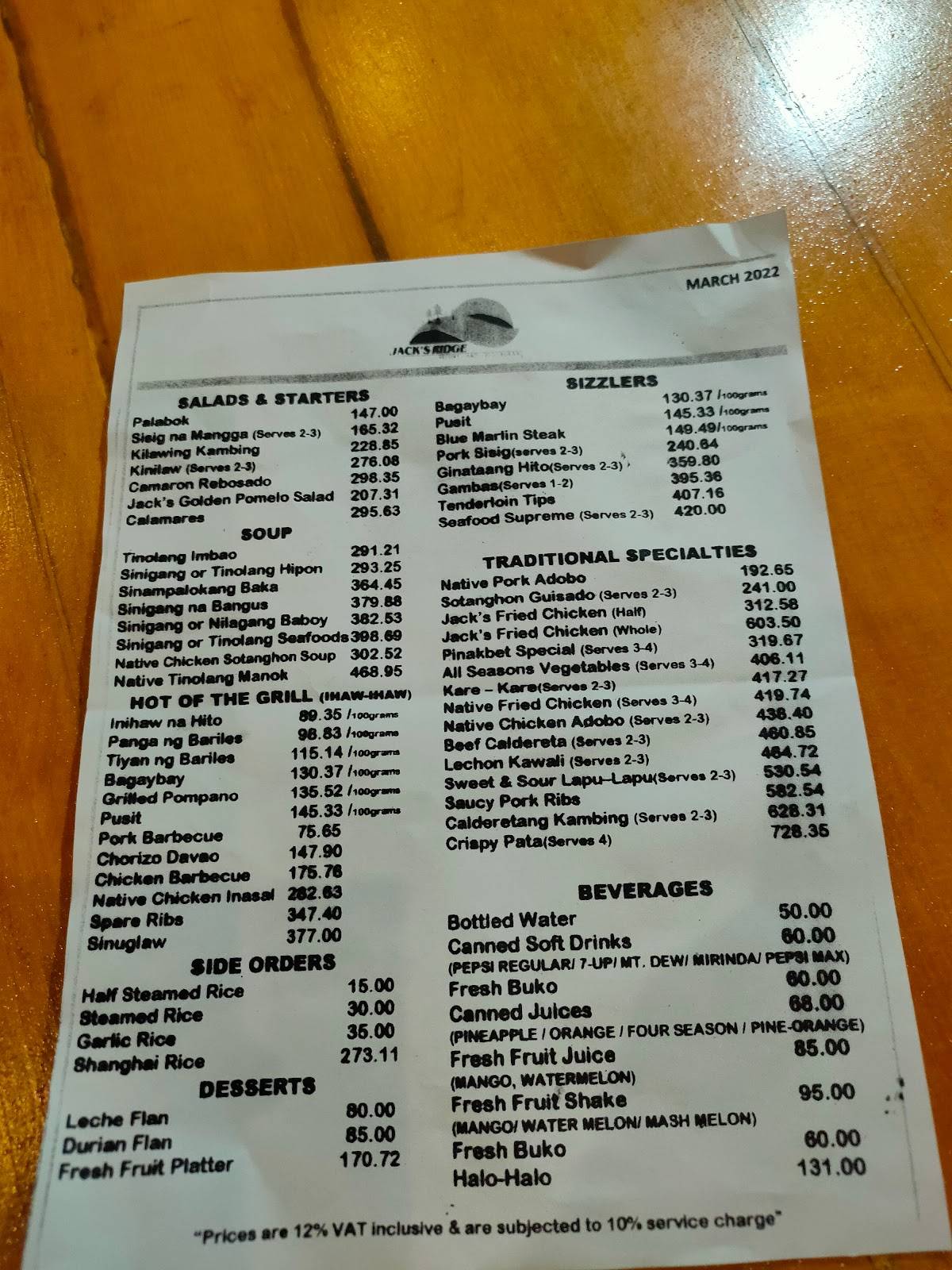 Menu at Jack's Ridge restaurant, Davao City
