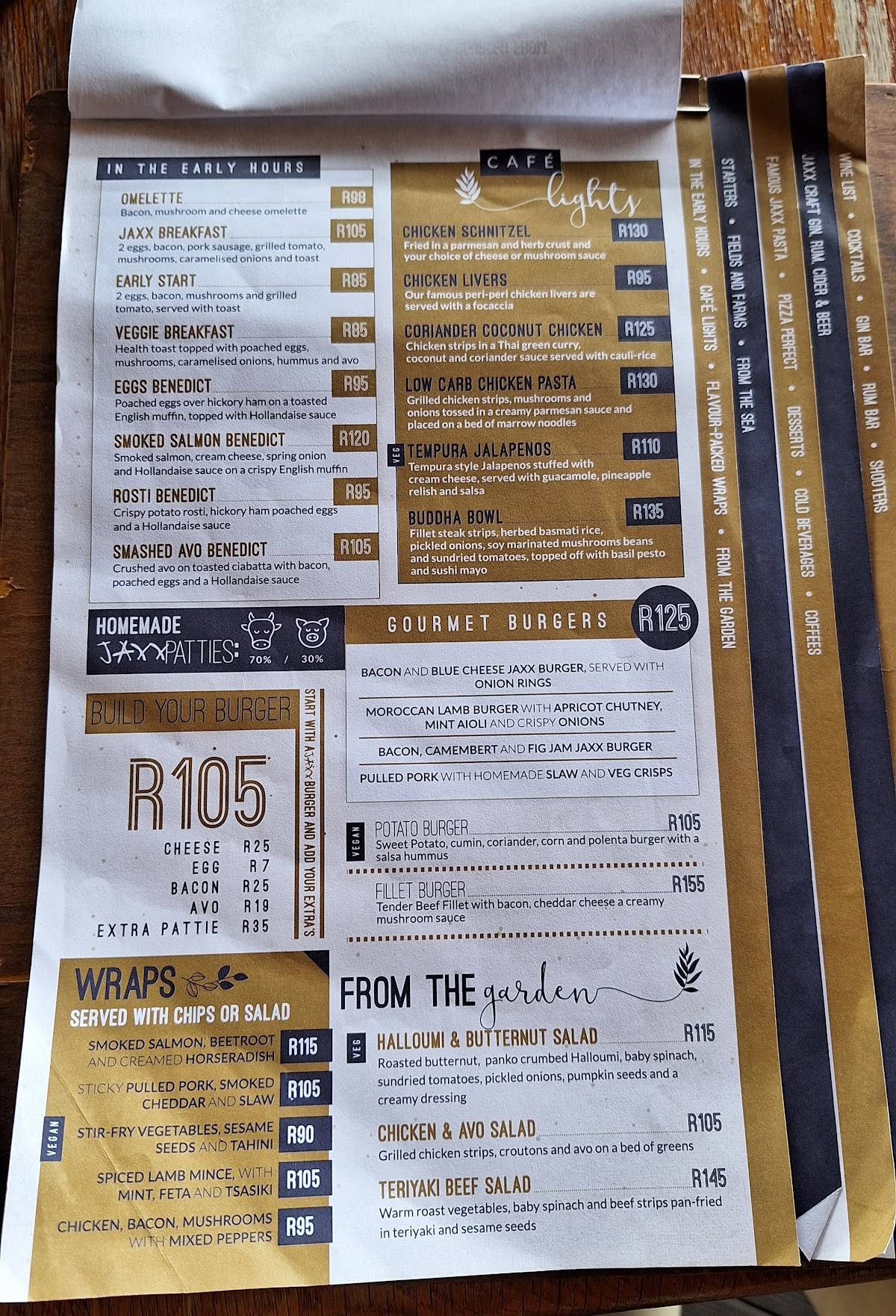 Menu at Jaxx Restaurant, Port Shepstone