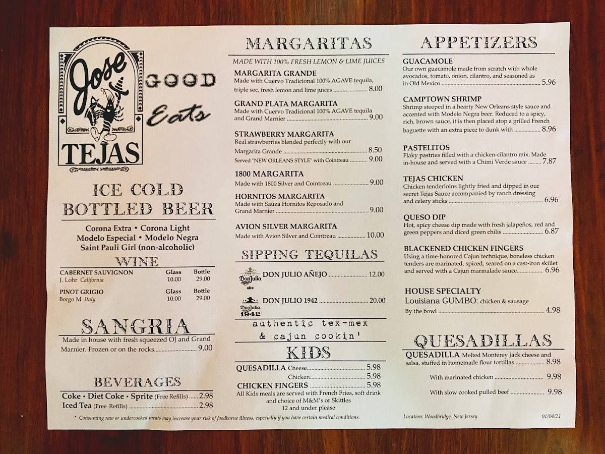 Menu at Jose Tejas restaurant, Woodbridge Township, 700 US Highway 1 N
