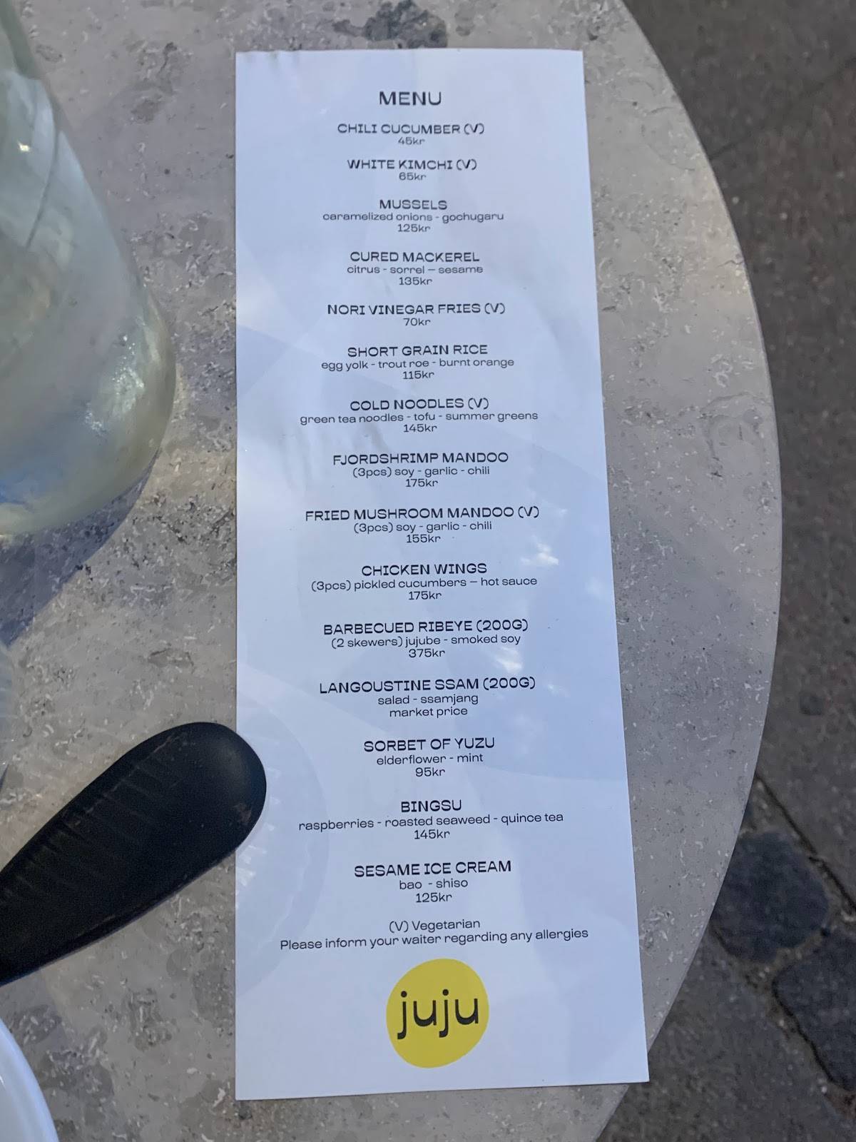 Speisekarte von Juju restaurant, Kopenhagen