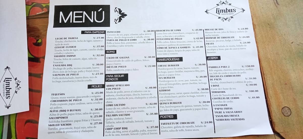 Carta de Limbus Restobar, Cusco