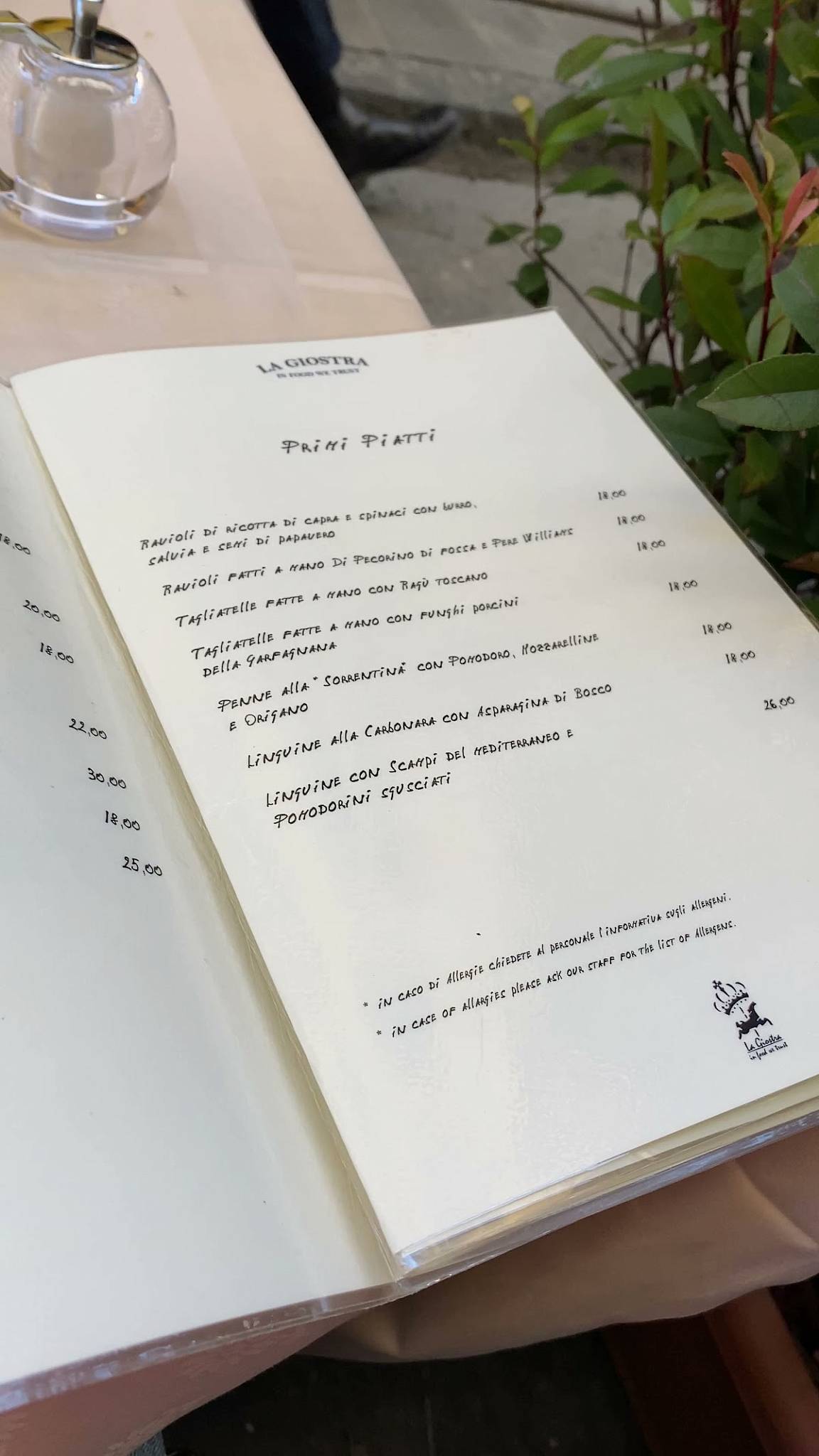 Menu at La Giostra restaurant, Florence, Borgo Pinti