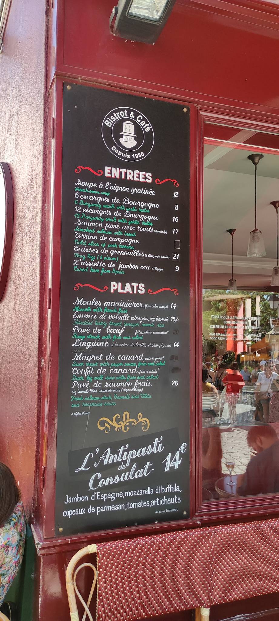 Menu at Le Consulat restaurant, Paris, 18 Rue Norvins