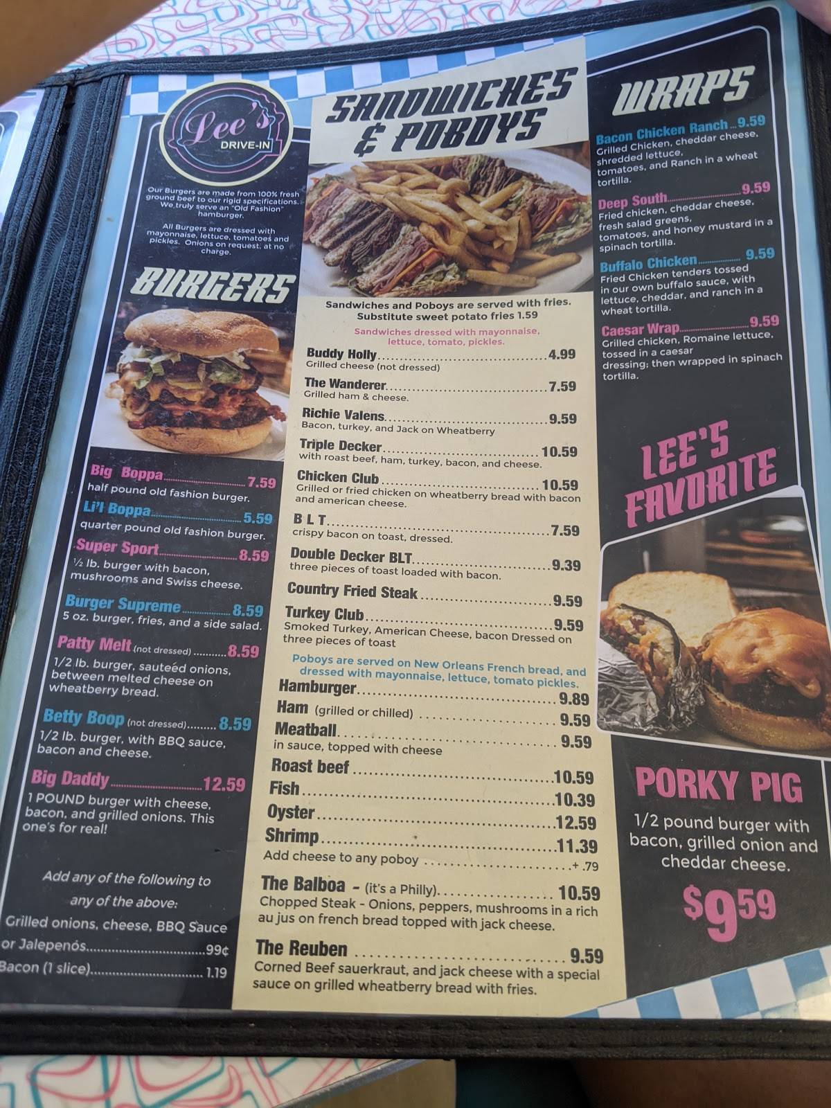 Menu at Lee’s Diner restaurant, Hammond, 401 W Thomas St
