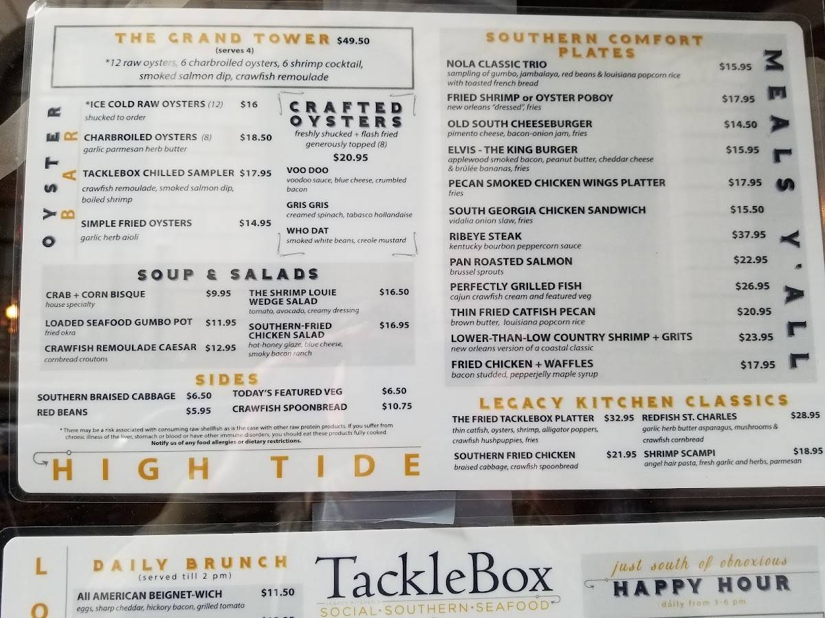 Menu at Legacy Kitchen's Tacklebox restaurant, New Orleans