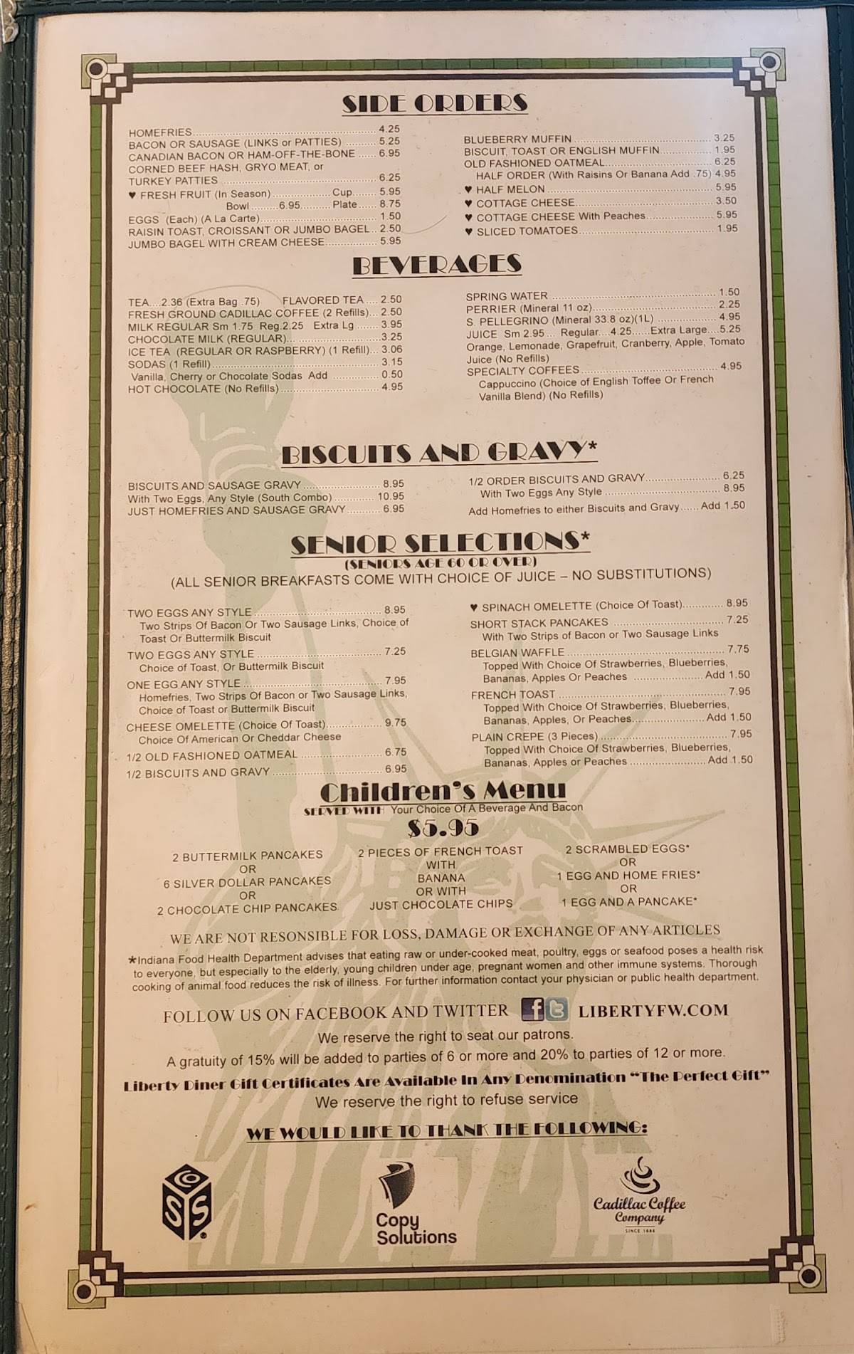 Menu at Liberty Diner restaurant, Fort Wayne, Goshen Rd