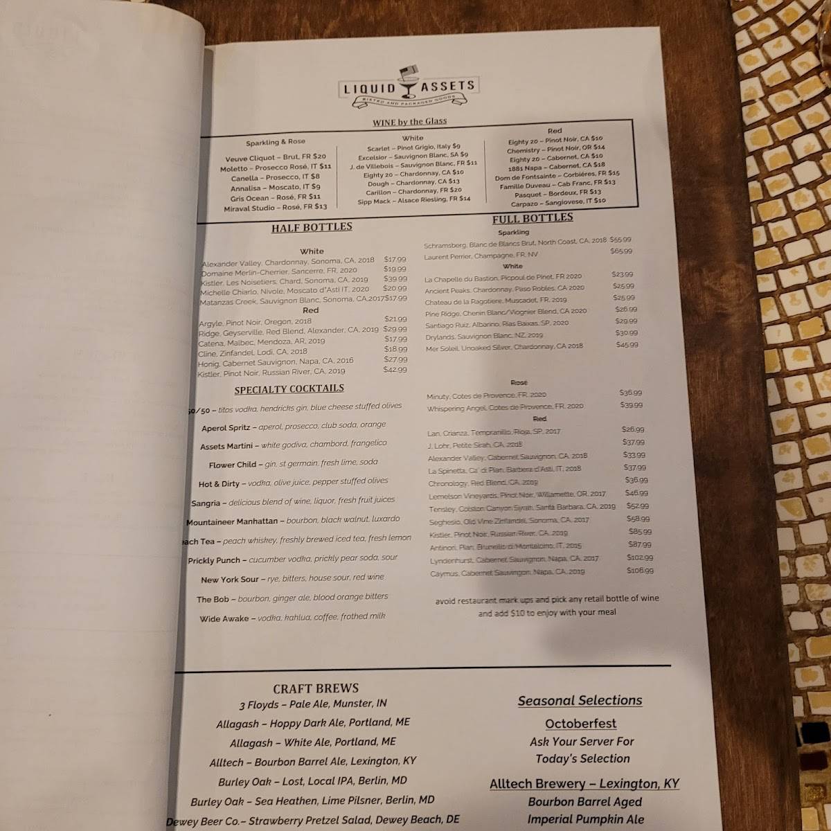 Menu at Liquid Assets restaurant, Ocean City, Coastal Hwy