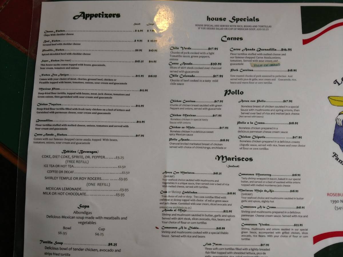 Menu at Los Dos Amigos Fiesta restaurant, Roseburg, NE Stephens St