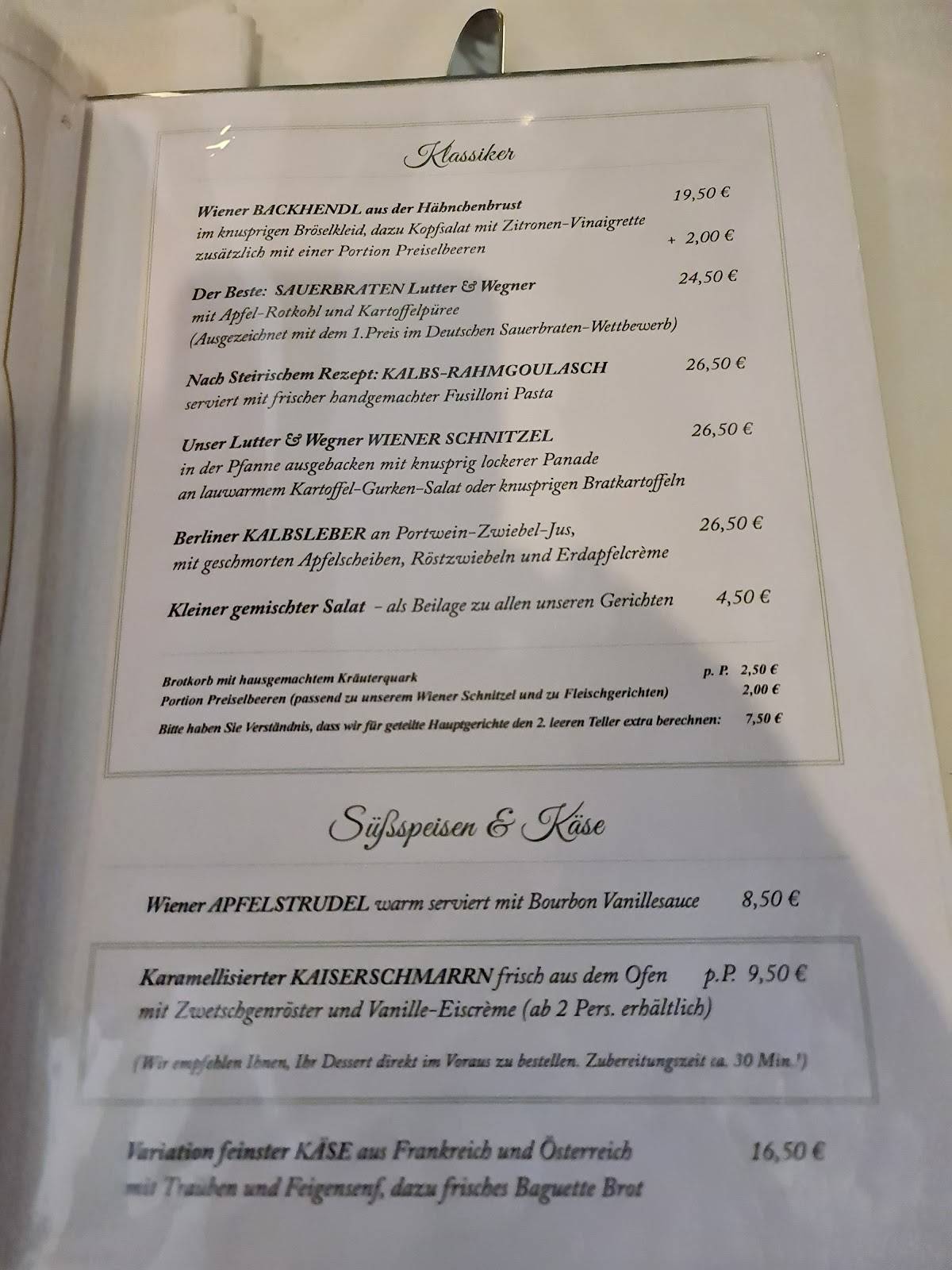 Speisekarte von Lutter & Wegner restaurant, Berlin, Charlottenstraße 56