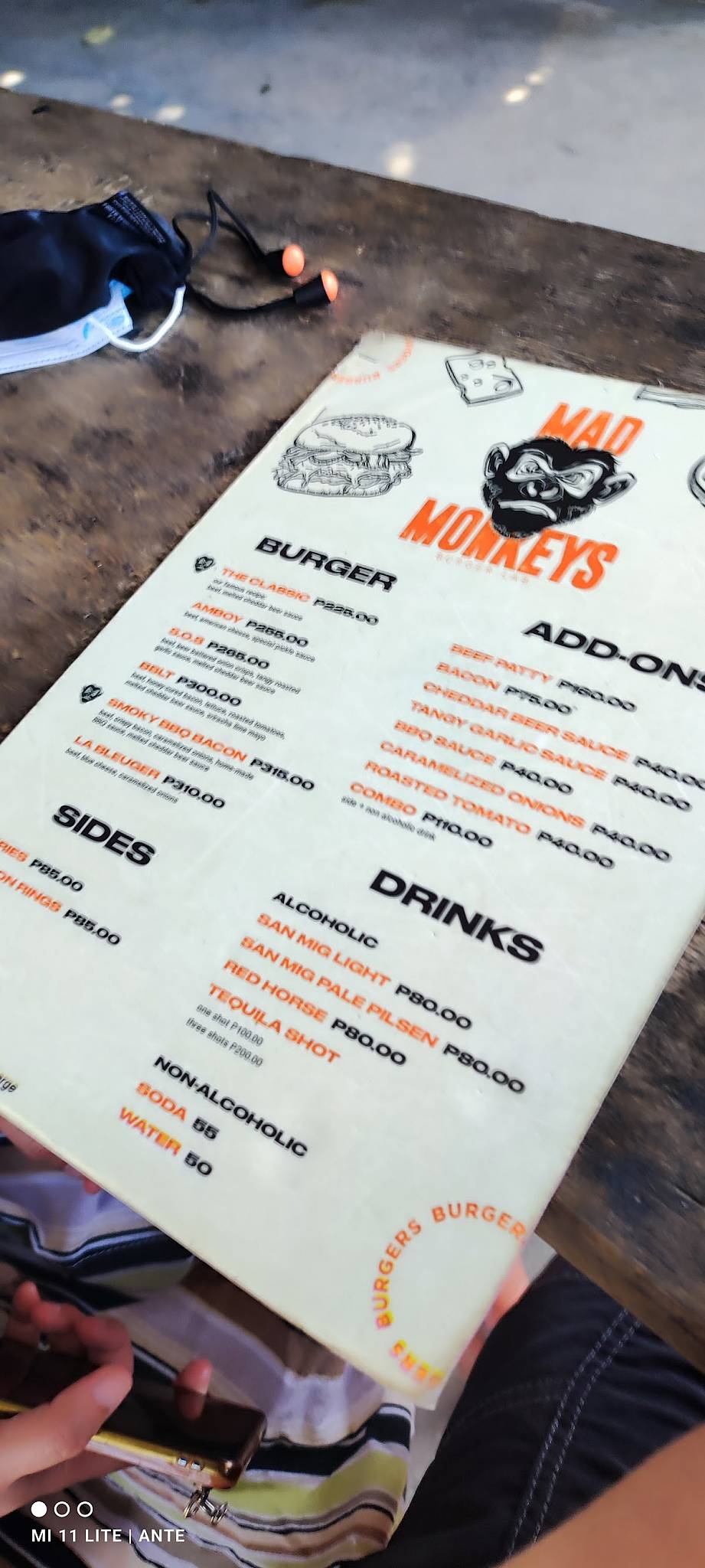 Menu at Mad Monkeys Burger Lab restaurant, San Juan, M84C+HG2