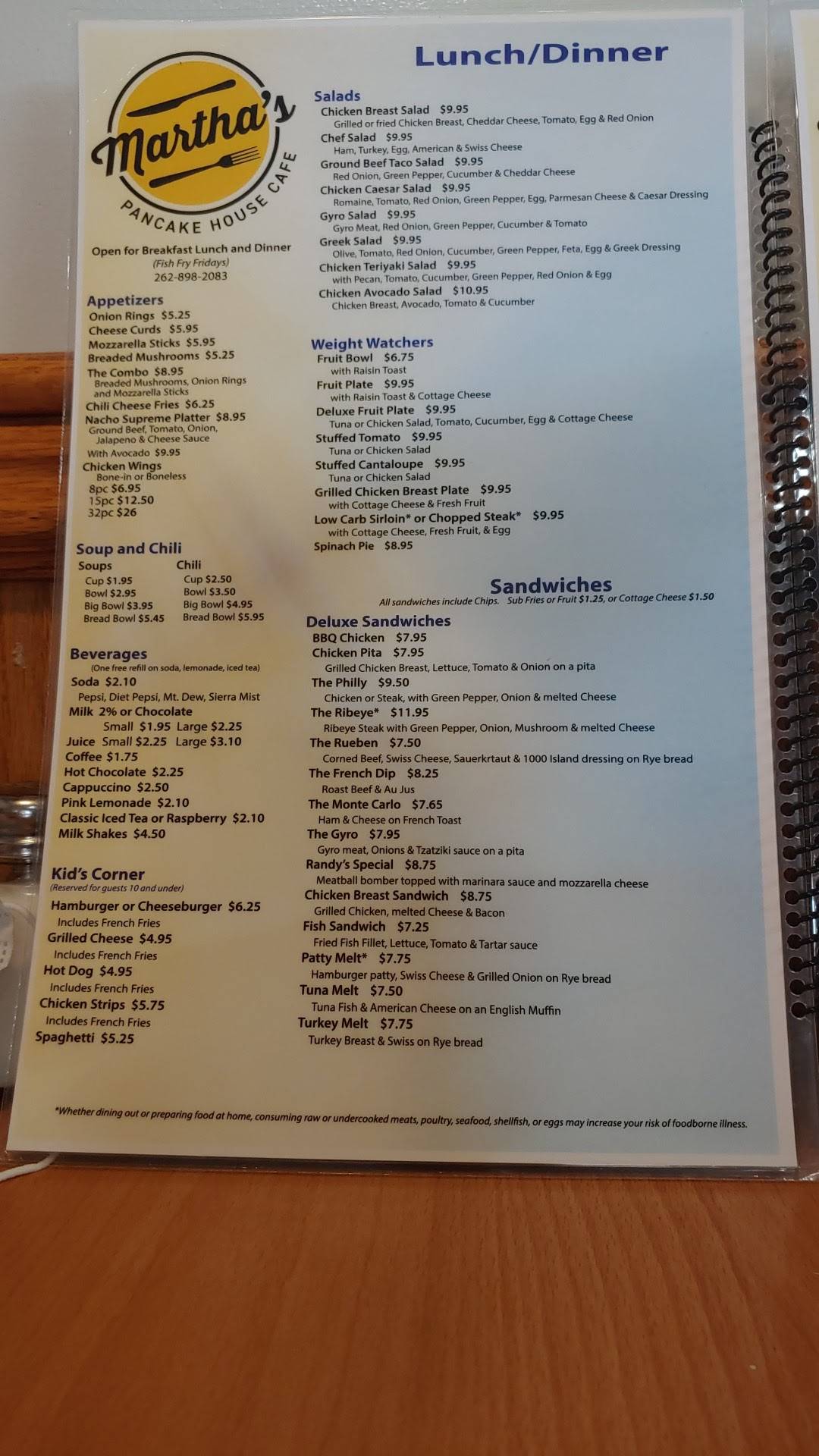 Menu at Martha's Pancake House Cafe, Racine
