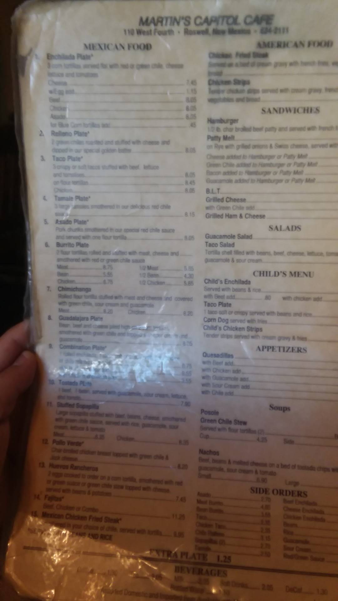 Menu at Martin's Capitol Cafe, Roswell